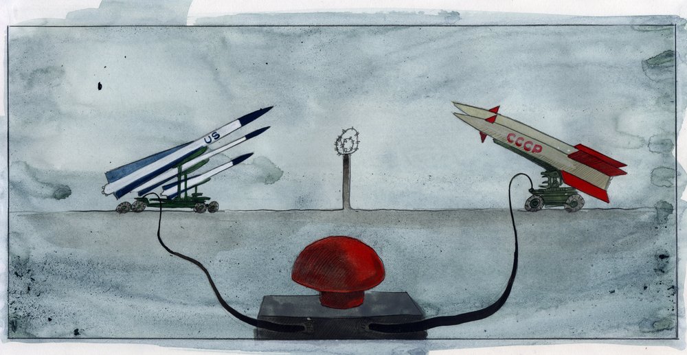 Allegorische voorstelling van de Koude Oorlog met de grote rode knop ...