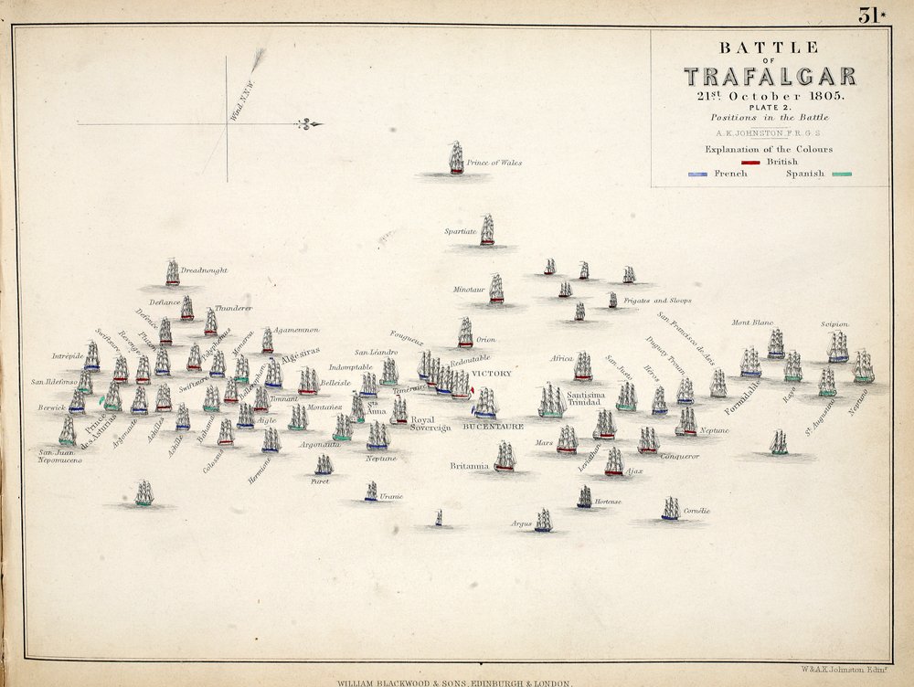 Kaart van de Slag bij Trafalgar, uitgegeven door William Blackwood and ...