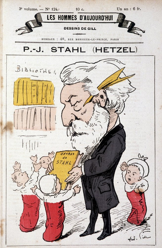 Portret-charge van Pierre Jules Hetzel die Stahl's werken (zijn ...