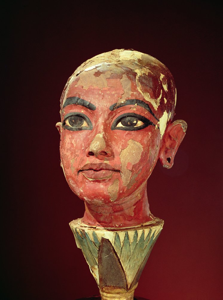 Hoofd van de kindkoning die uit een lotusbloem komt, uit het graf van ...