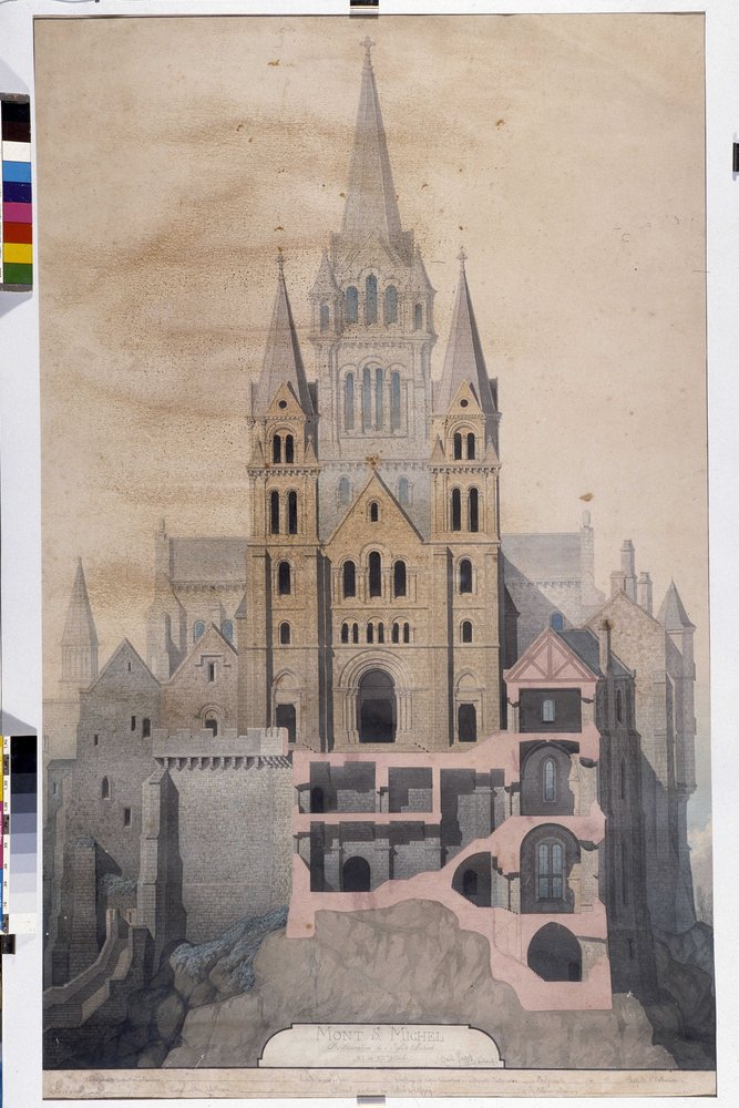 Gotische architectuur: gevel van de kerk en doorsnede van abdijhuizen ...