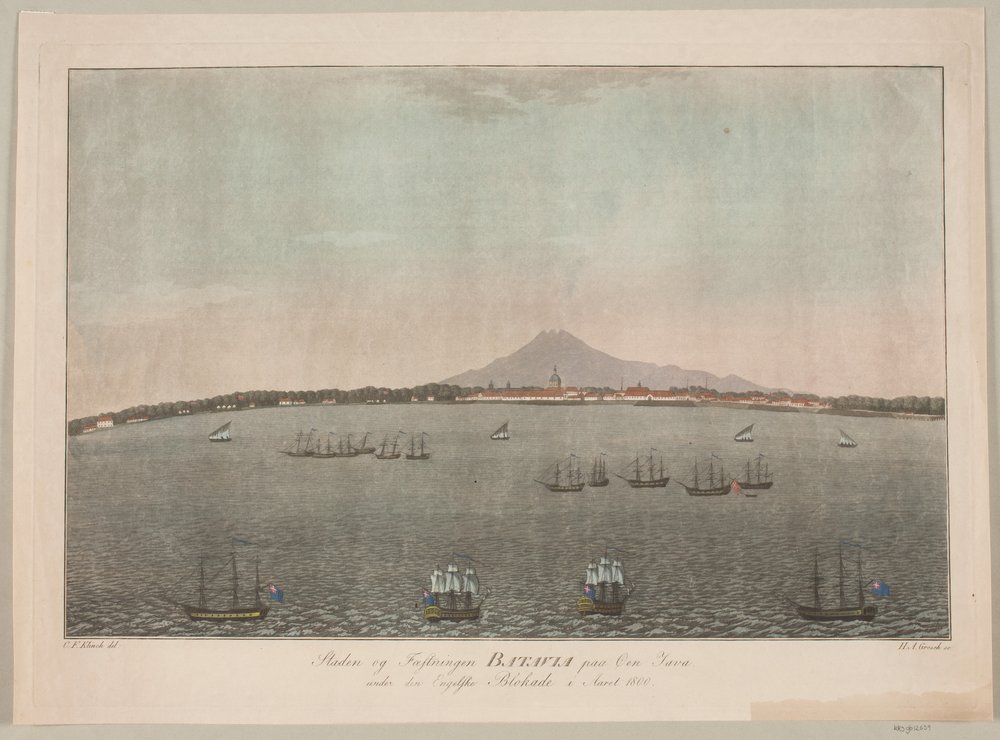 De stad en het fort Batavia op het eiland Java tijdens de Engelse ...