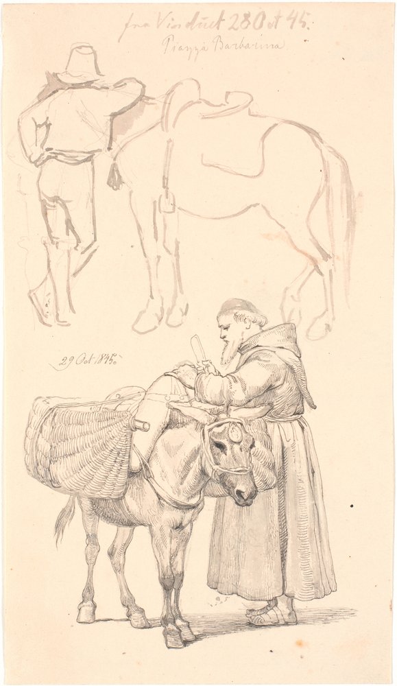 Boer staande bij zijn paard. Onderaan een bedelmonnik staande bij zijn ezel