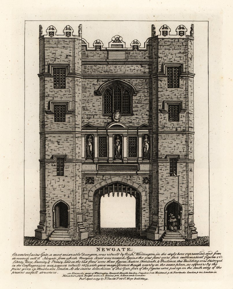 Newgate, herbouwd in 1672 na de Brand van Londen, met drie figuren ...