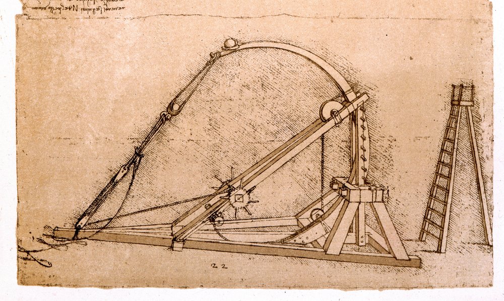 Oorlogsmachine: Katapultstudie door Leonardo da Vinci (1452 - 1519).