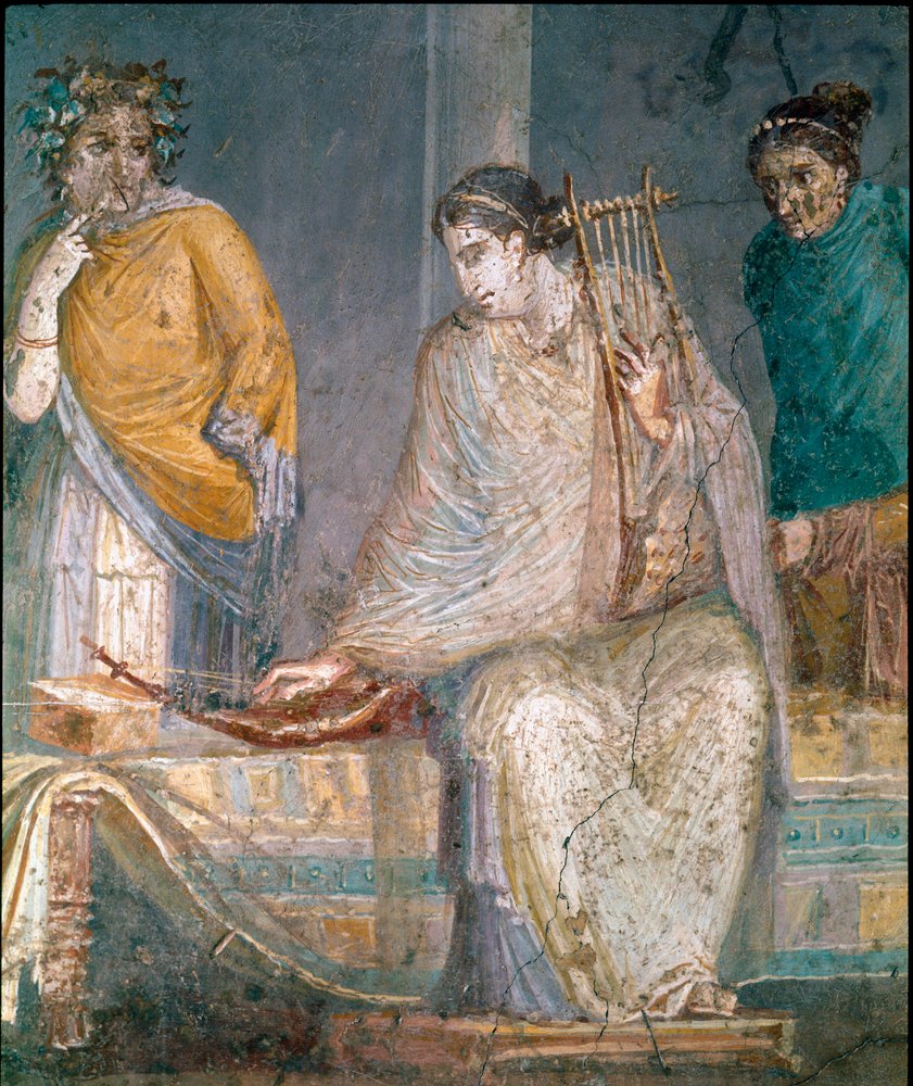 Romeinse kunst: een citharist. Fresco van de site van Castellammare di ...