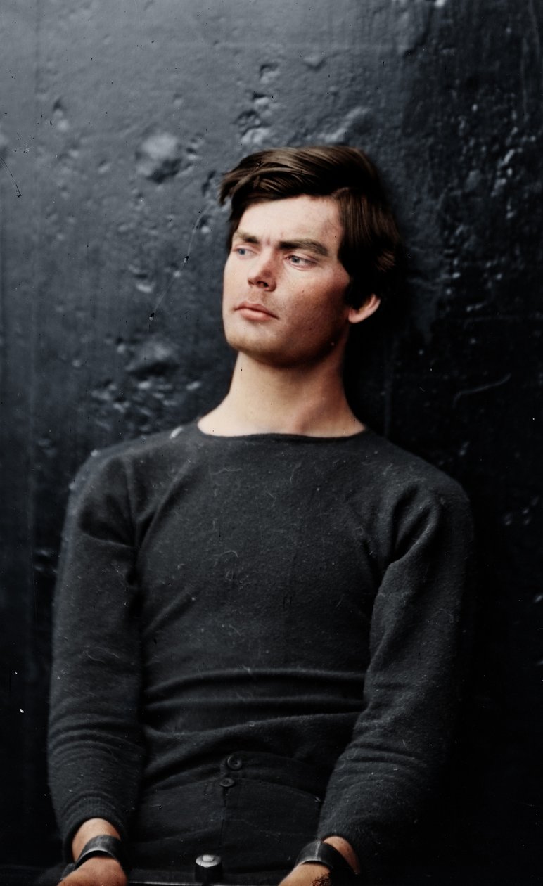 Lewis Powell in polsboeien aan boord van de USS Saugus, 1865