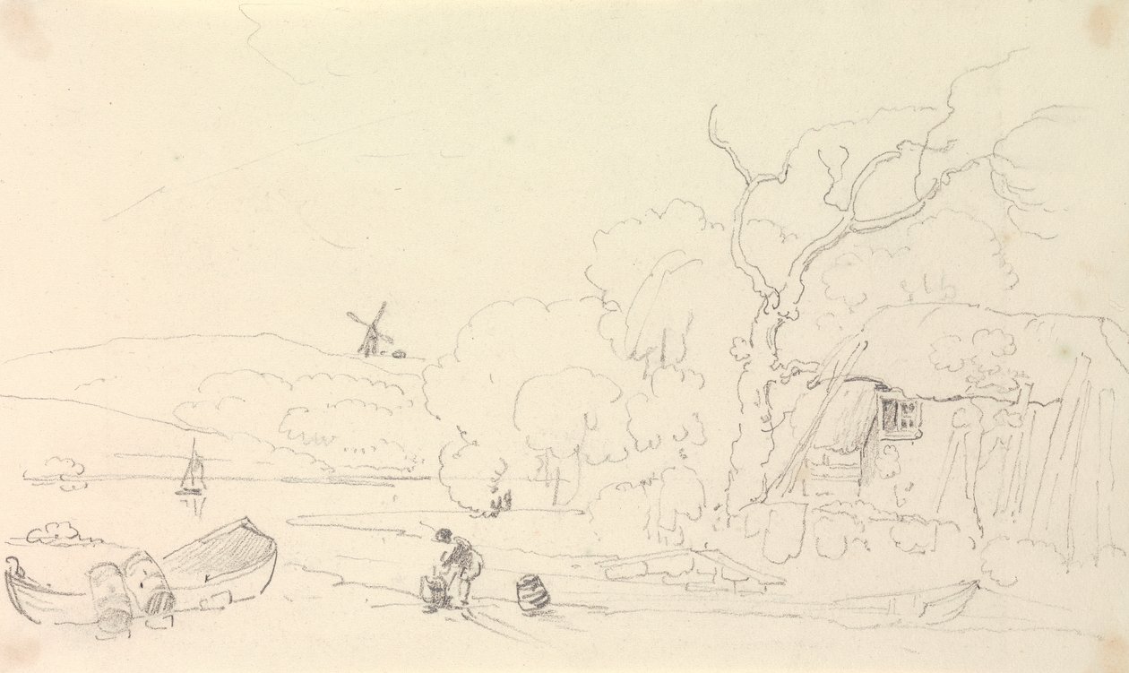Schets van een huisje bij de rivier met een windmolen in de verte