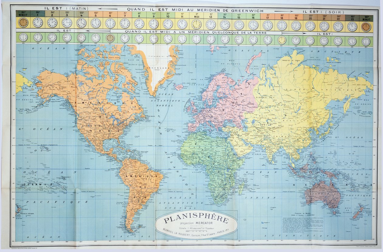 Wereldkaart van de verschillende tijdzones, gepubliceerd door Blondel ...