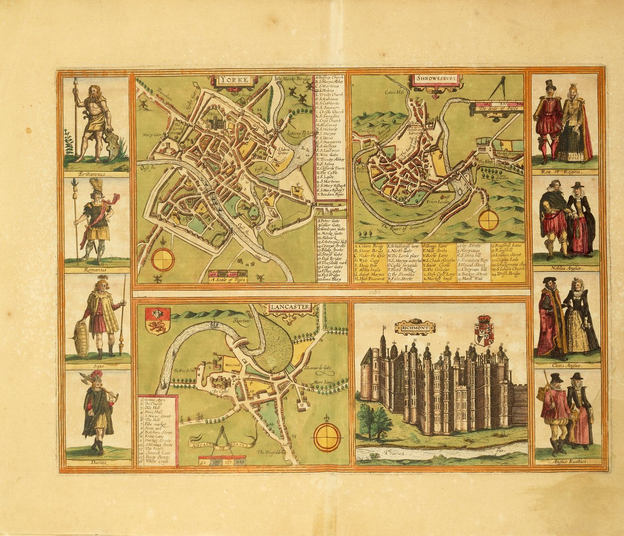 Kaart van York, Shrewsbury, Lancaster en Richmond Castle uit Civitates ...