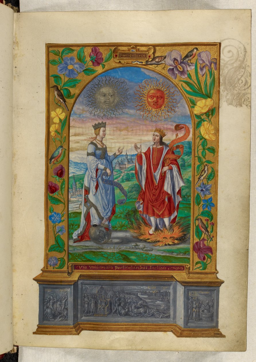 Miniatuur van een koning en koningin met rollen, uit 'Splendor Solis ...