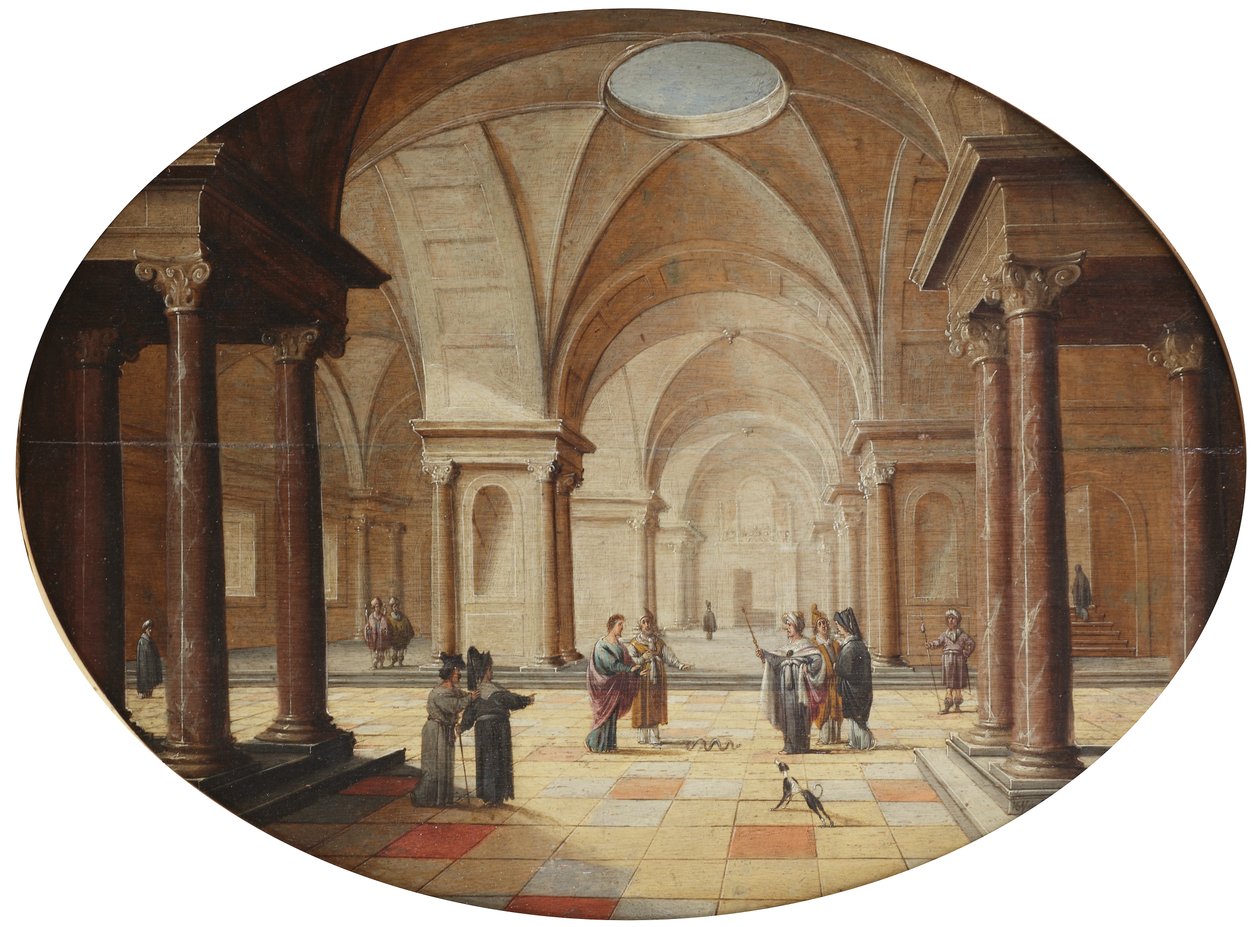 Een klassiek paleisinterieur met Mozes die de scepter van de farao in ...