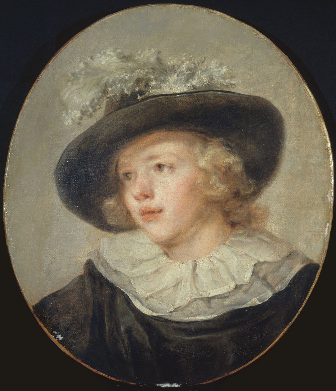 Toegeschreven aan Fragonard - Portret van een jongen met een gevederde ...
