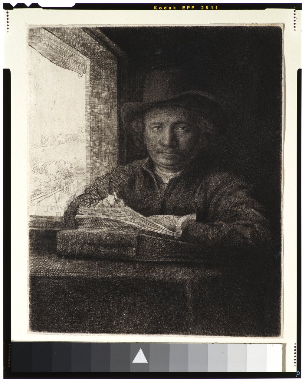 Zelfportret, ets bij een raam | Rembrandt van Rijn