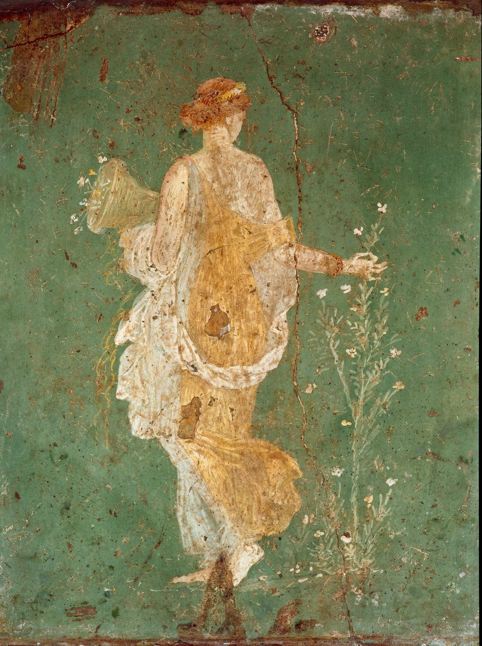 Romeinse kunst: Lente, Flora plukt bloemen. Fresco uit de villa van ...