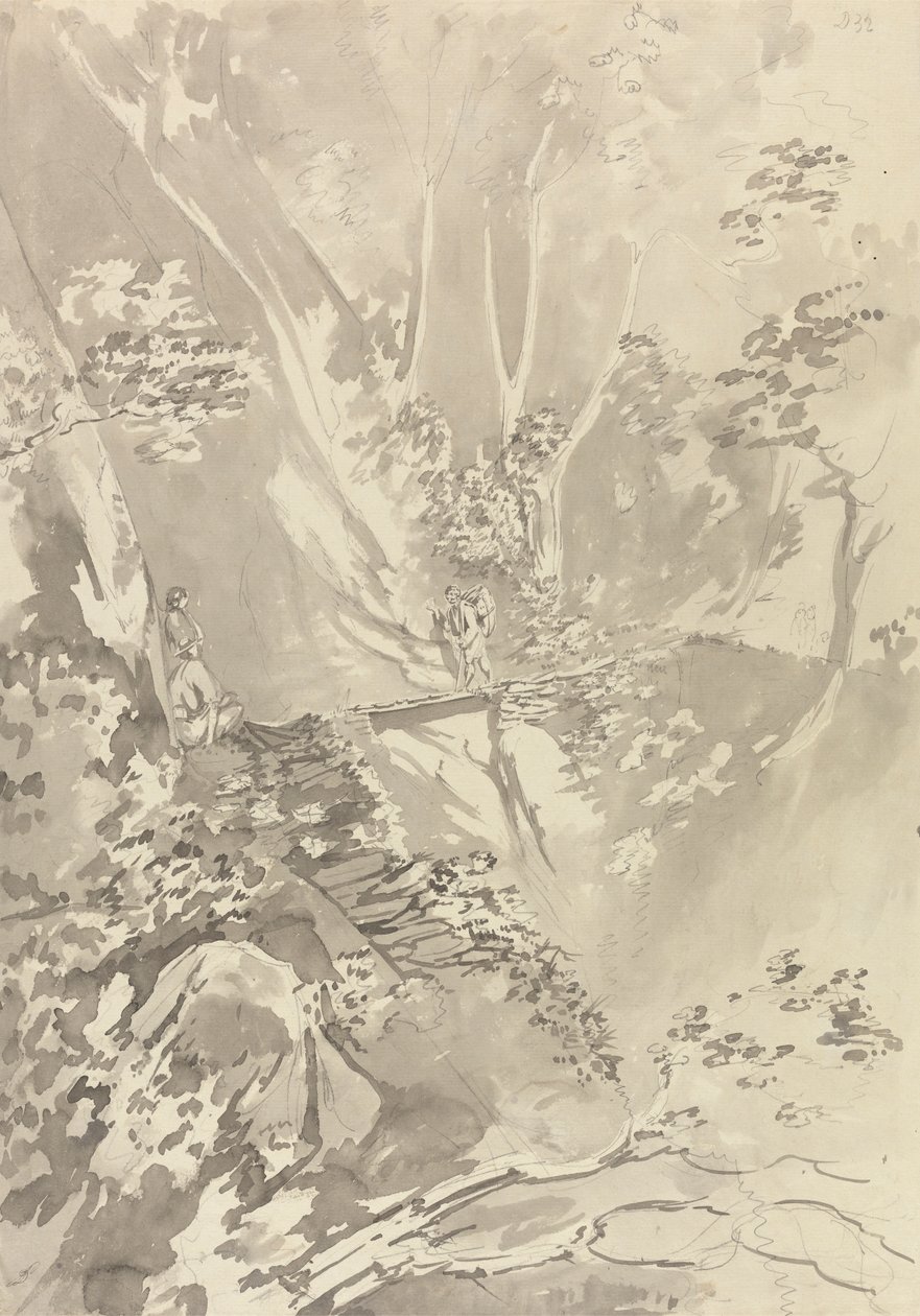 Figuren die een brug over een ravijn oversteken