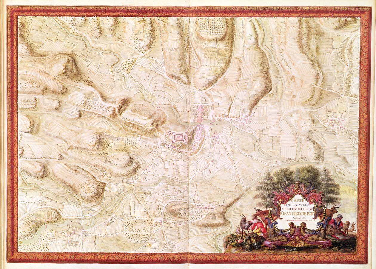 Ms 988 tome 3 fol.49 Plan en kaart van Saint-Jean-Pied-de-Port, uit de ...