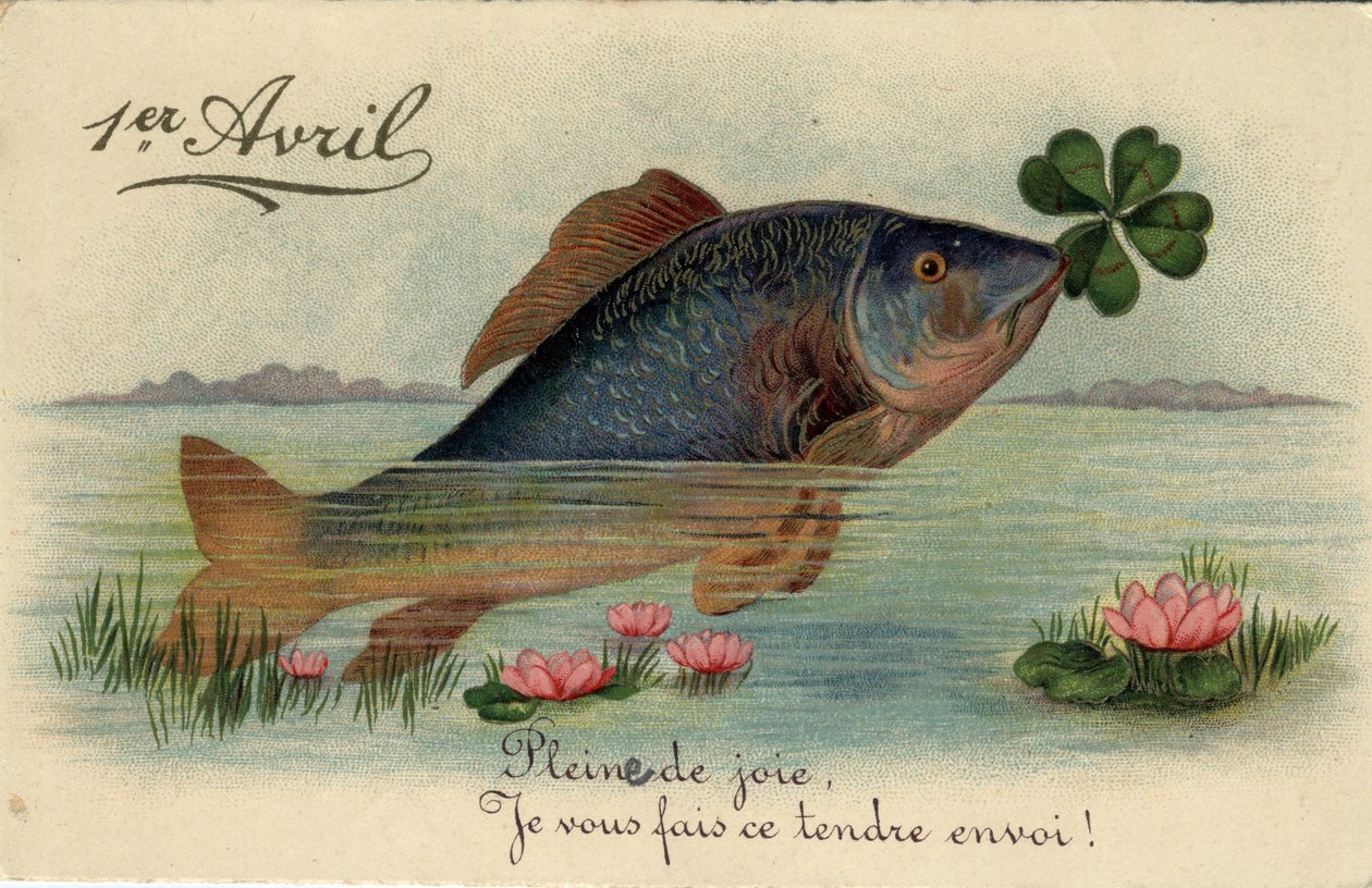 Wenskaart voor 1 april: vis met een klavertjevier - Ansichtkaart eind ...